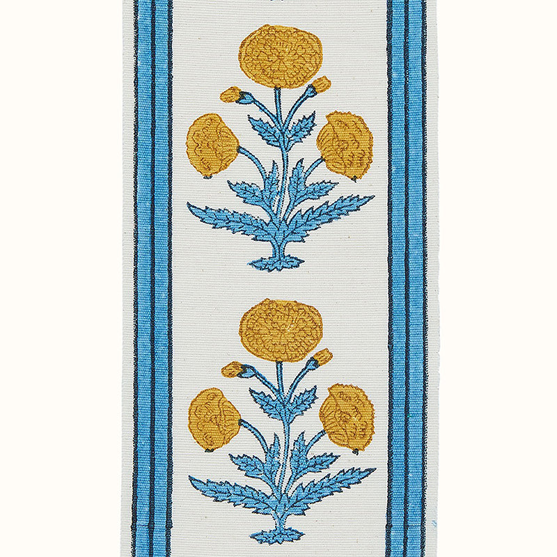 Molly Mahon Trim Poppy Block printed cotton Blue Yellow
