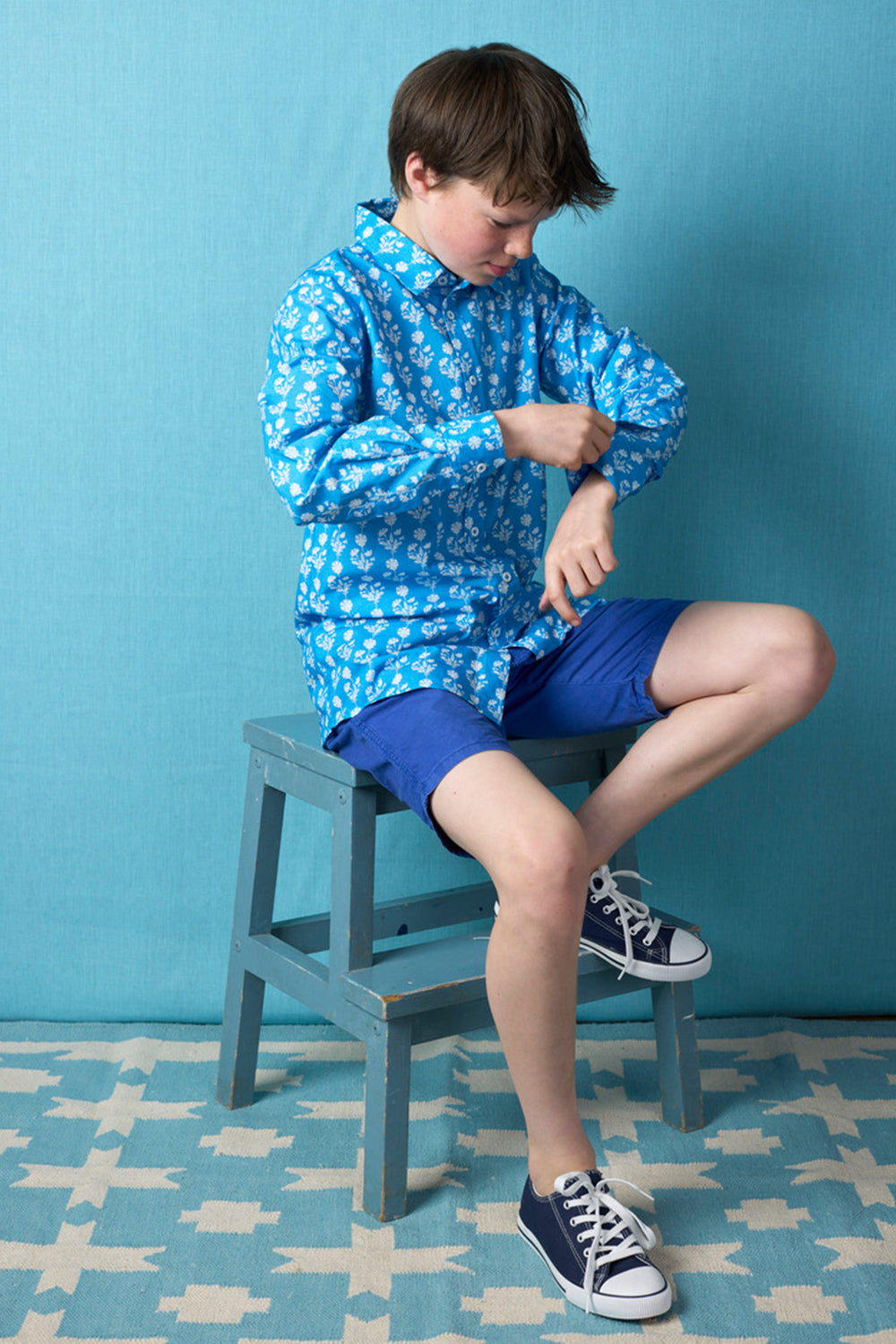 Kids Relaxed Cotton Shirt Dianthus Azure Blue – Molly Mahon