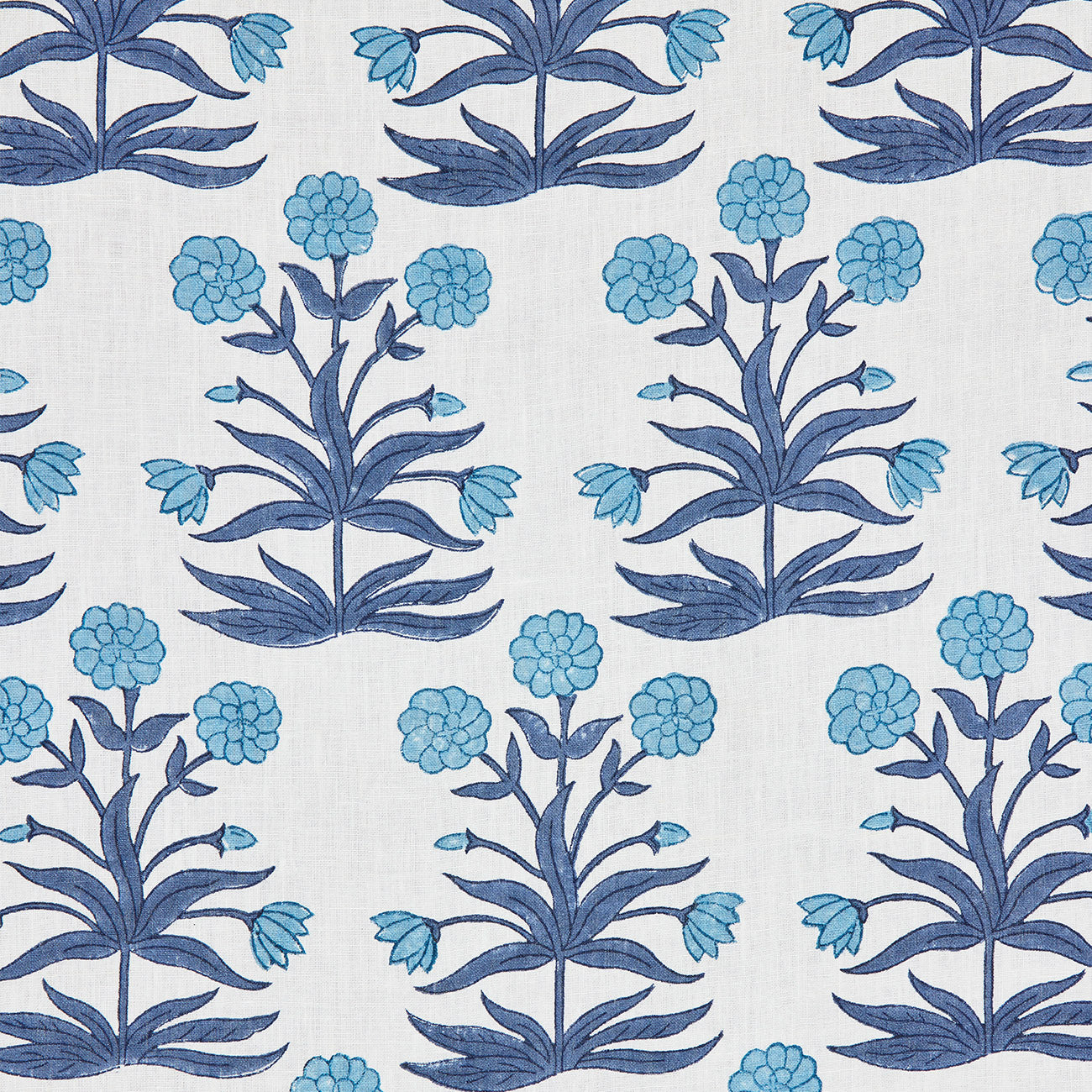 Molly Mahon Mughal Block printed fabric Linen Sky Indigo